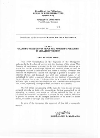 Right of Reply bill of Cong. Karlo Nograles | PDF