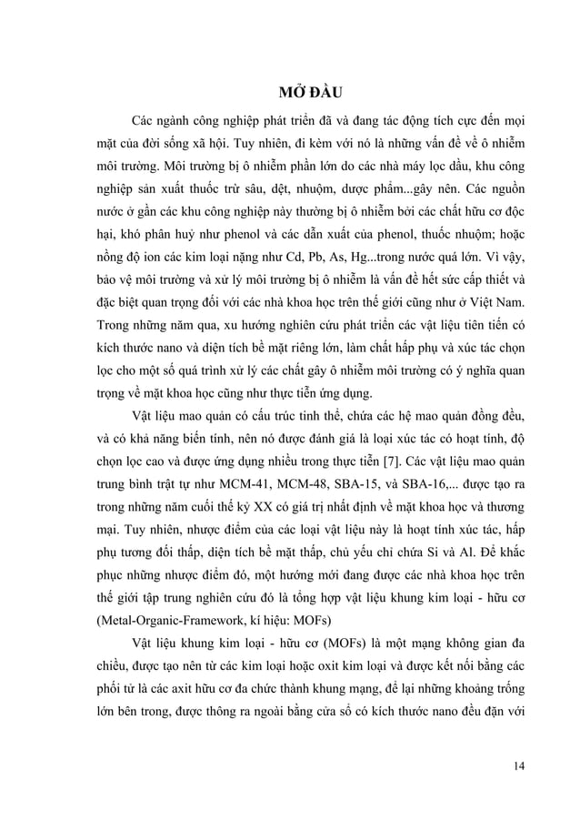 Luận án: Tổng hợp và ứng dụng của vật liệu khung kim loại hữu cơ | PDF