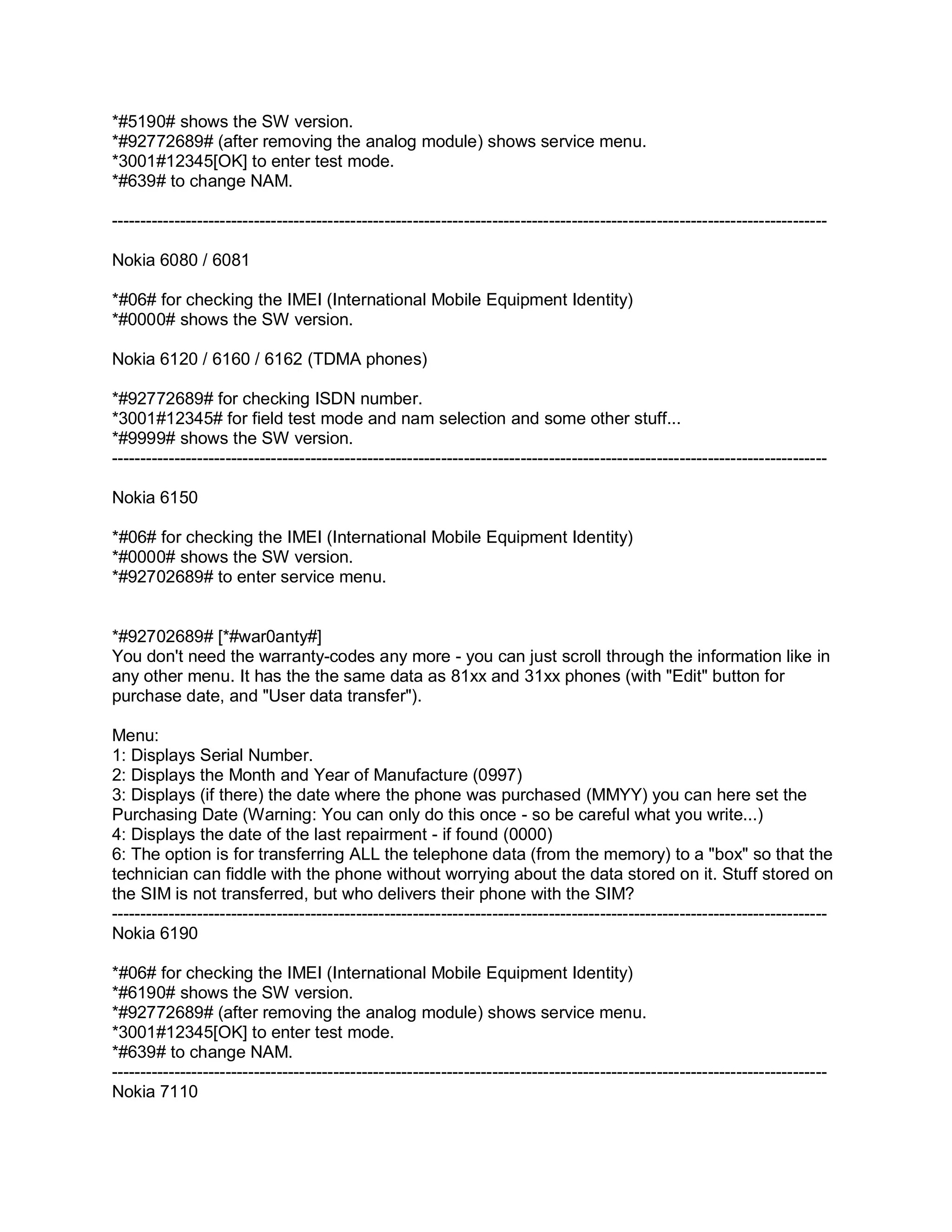 Nokia secret codes. | PDF