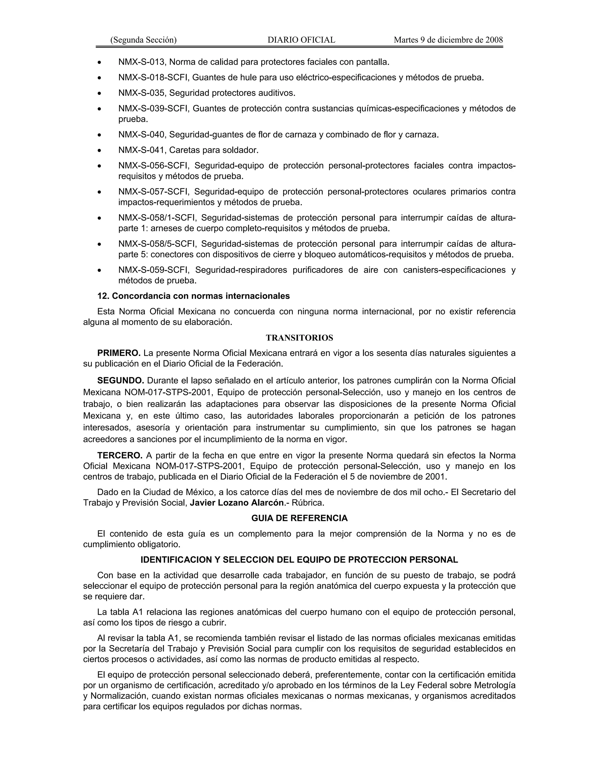 NORMA OFICIAL MEXICANA NOM-017-STPS-2008, EQUIPO DE PROTECCION ...