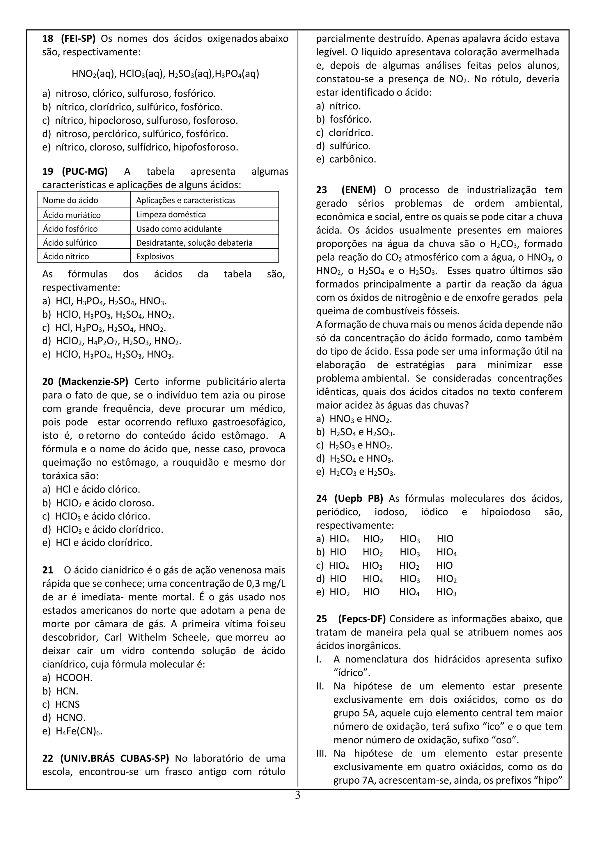 Exercícios Sobre Nomenclatura De ácidos Pdf