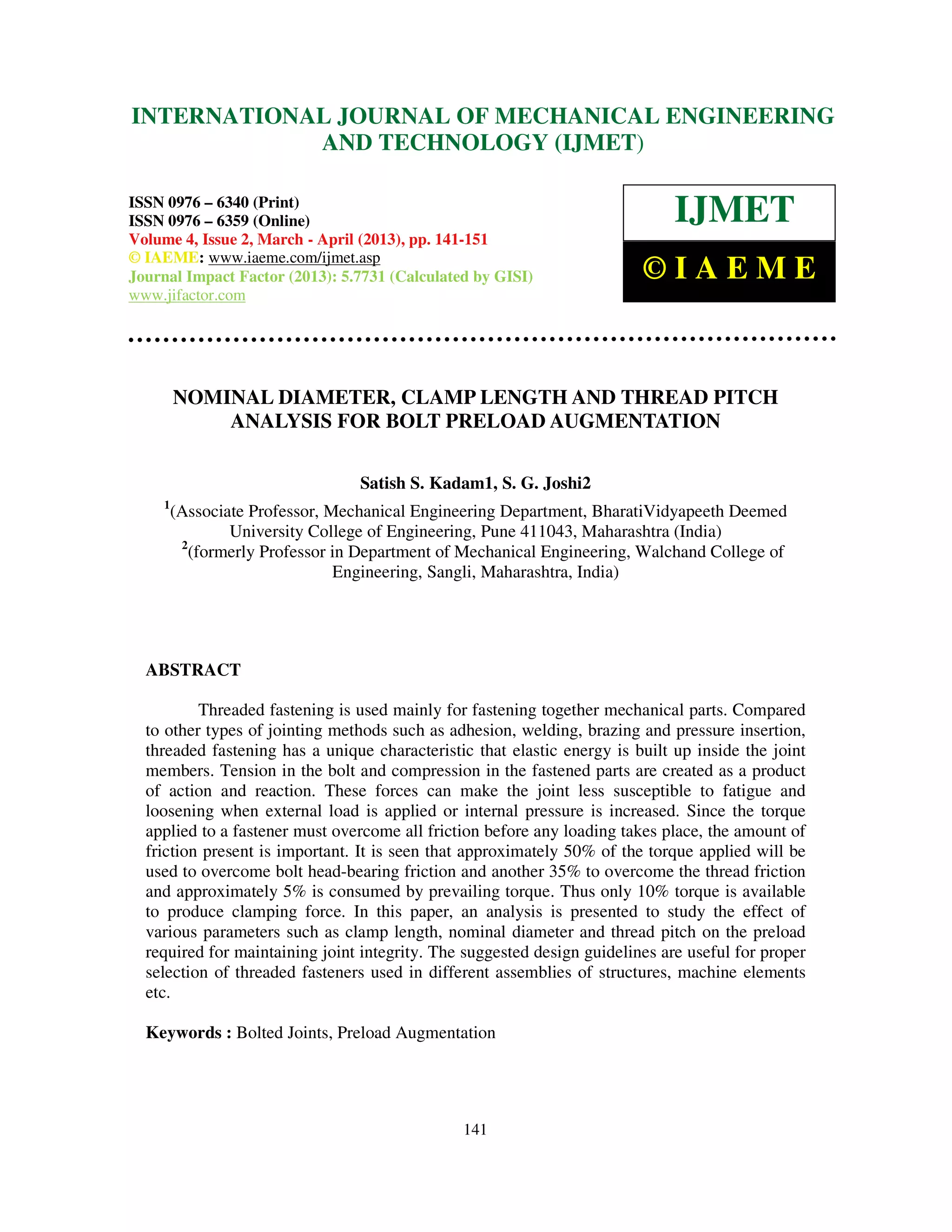 Nominal diameter, clamp length and thread pitch analysis for bolt ...