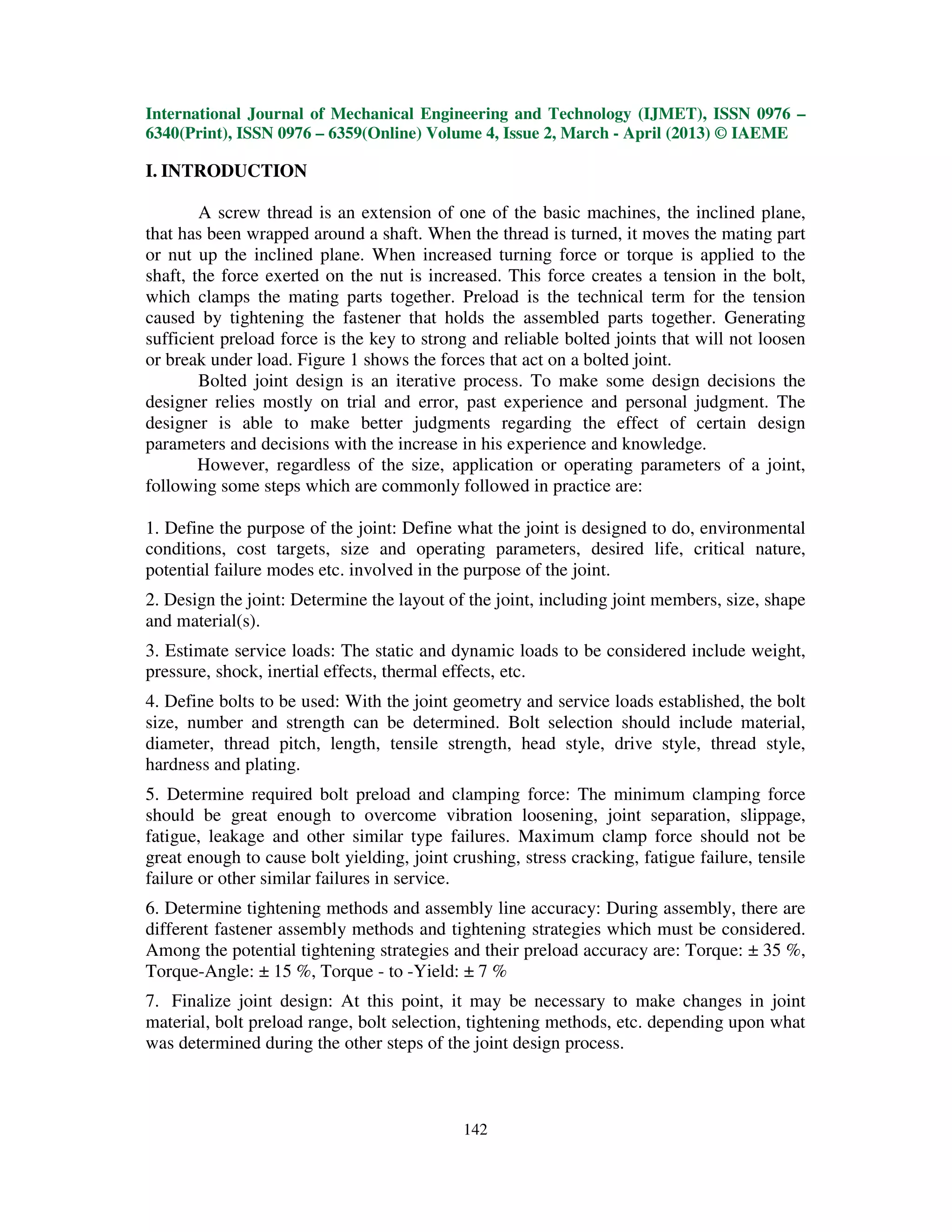 Nominal diameter, clamp length and thread pitch analysis for bolt ...