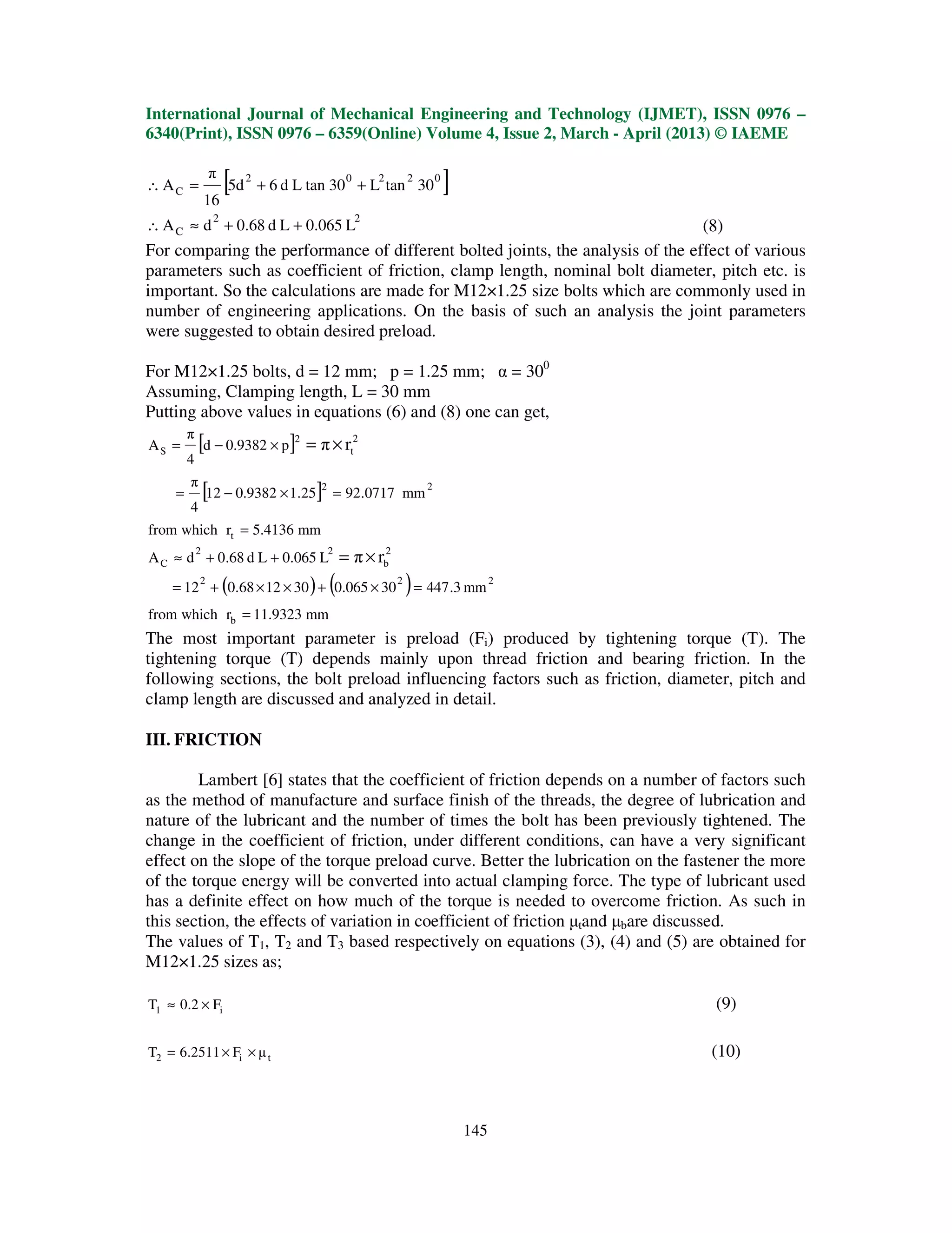 Nominal diameter, clamp length and thread pitch analysis for bolt ...