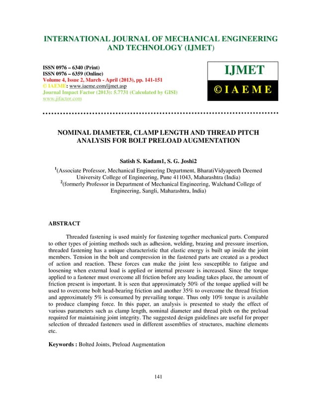 Nominal diameter, clamp length and thread pitch analysis for bolt preload | PDF | Needlework ...