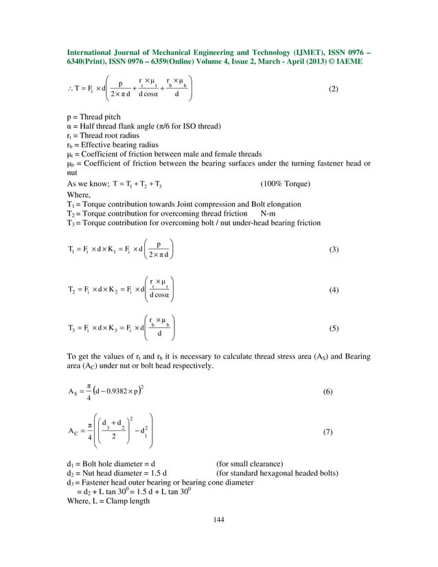 Nominal diameter, clamp length and thread pitch analysis for bolt preload | PDF | Needlework ...