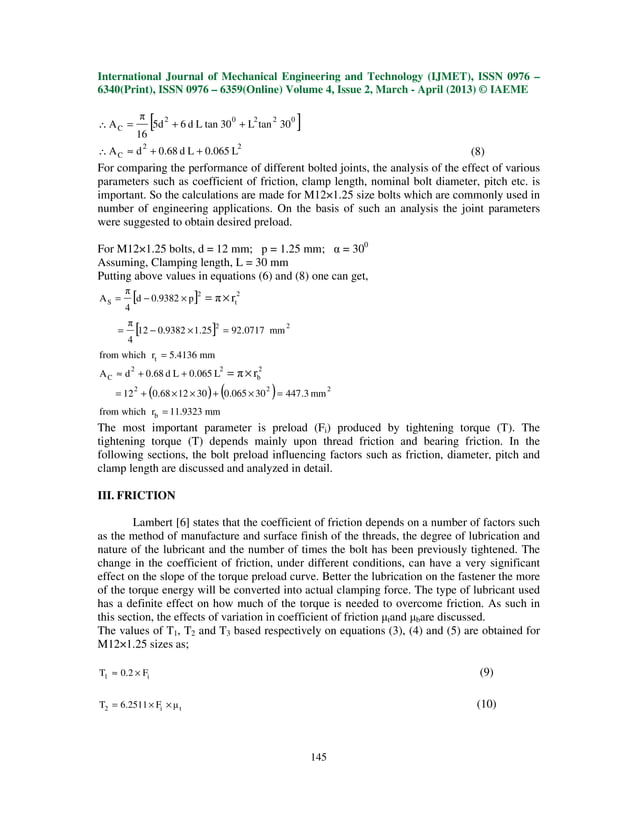 Nominal diameter, clamp length and thread pitch analysis for bolt ...