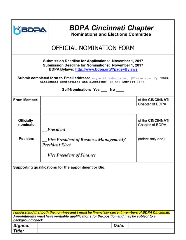 BDPA Cincinnati Chapter Nominations and Elections Form | PDF