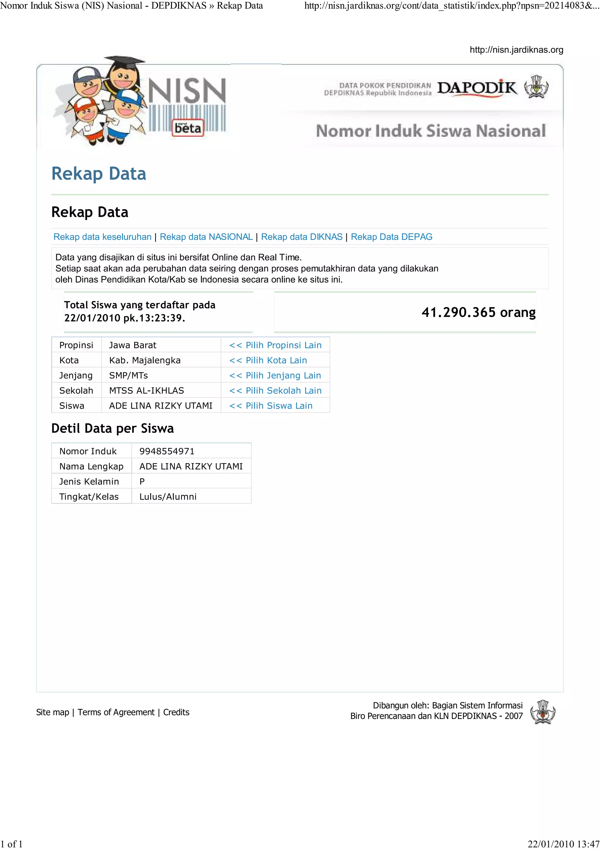 Nomor Induk Siswa (Nis) Nas | PDF