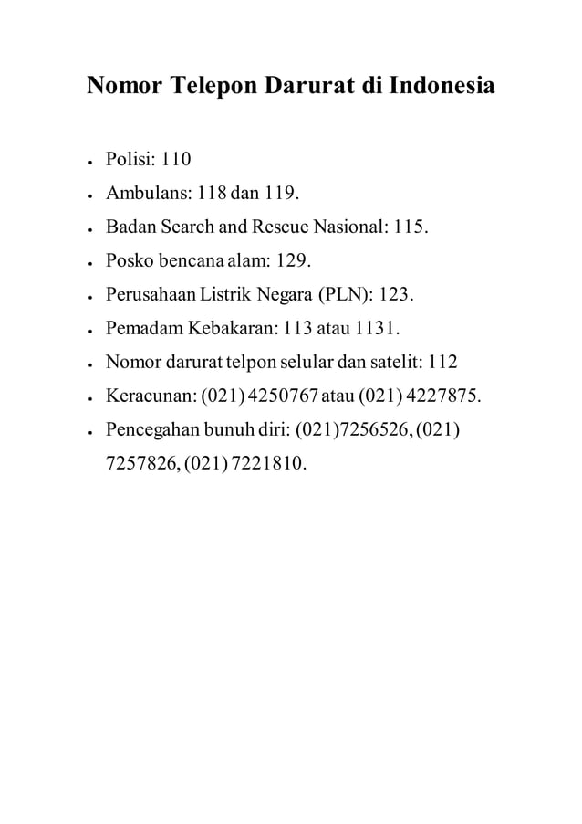 Nomor telepon darurat di indonesia ok | DOCX