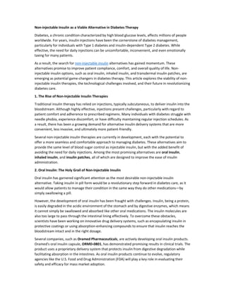 Non-injectable Insulin as a Viable Alternative in Diabetes Therapy | PDF