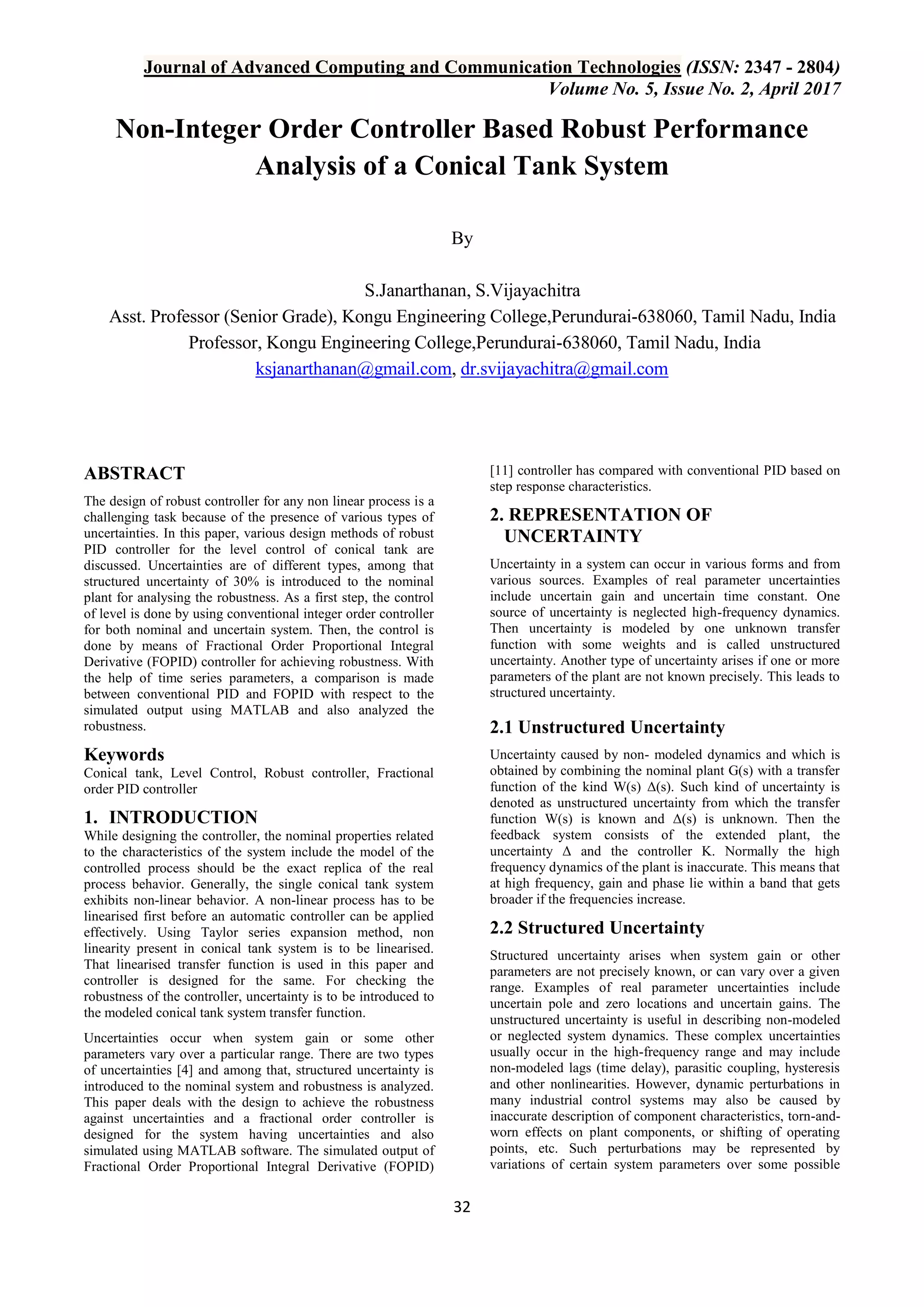Non integer order controller based robust performance analysis of a conical tank system | PDF