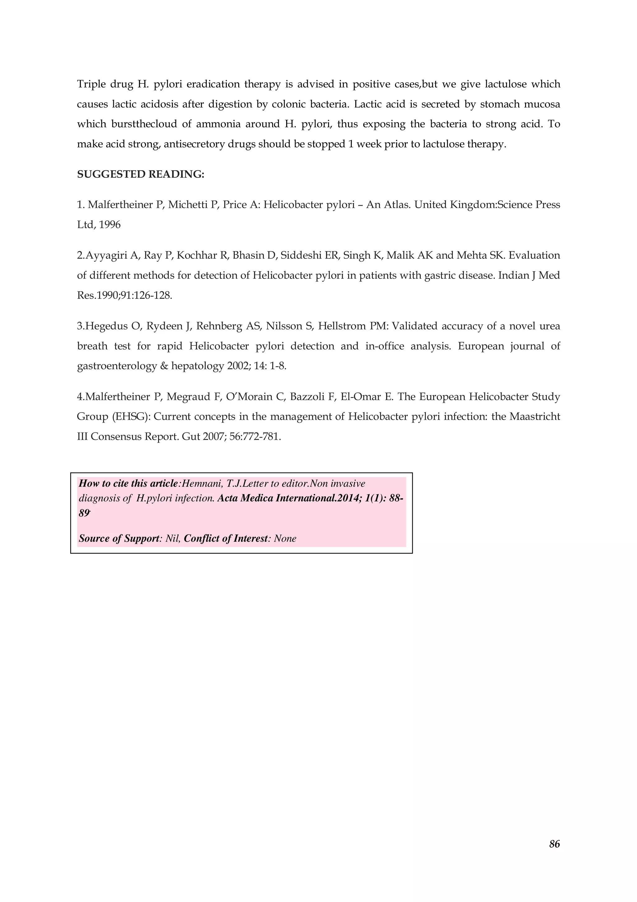 Non invasive diagnosis of h. pylori infection.acta medica international ...