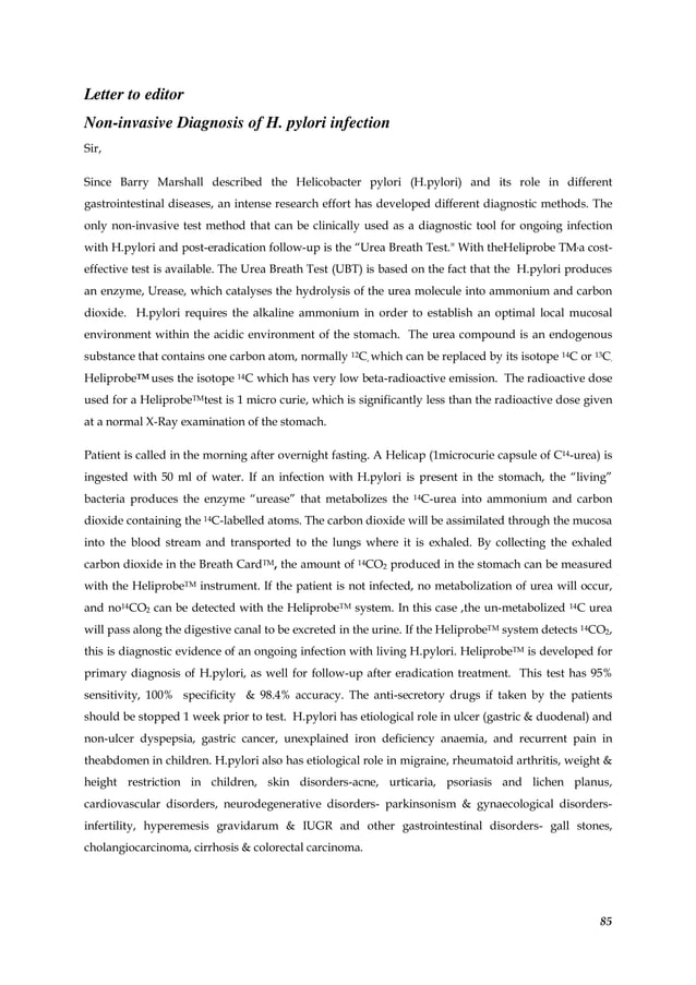 Non invasive diagnosis of h. pylori infection.acta medica international ...