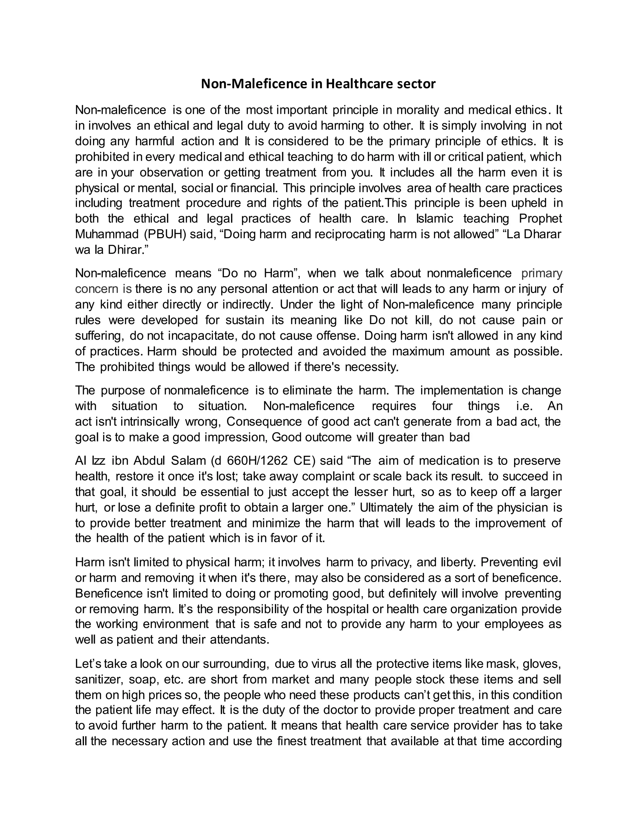 Non-Maleficence in Healthcare sector | DOCX