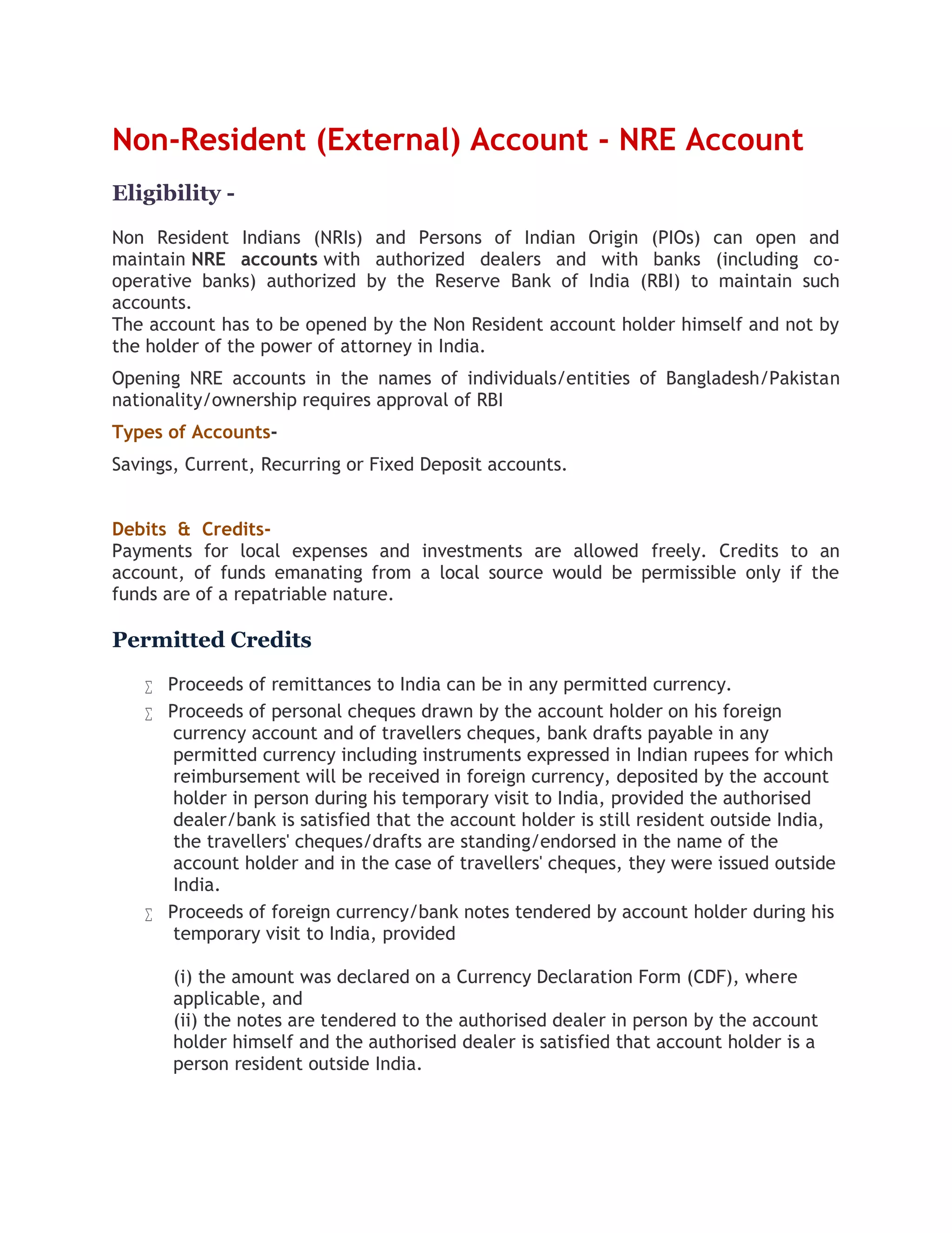 Non resident (external) account -NRE account | PDF