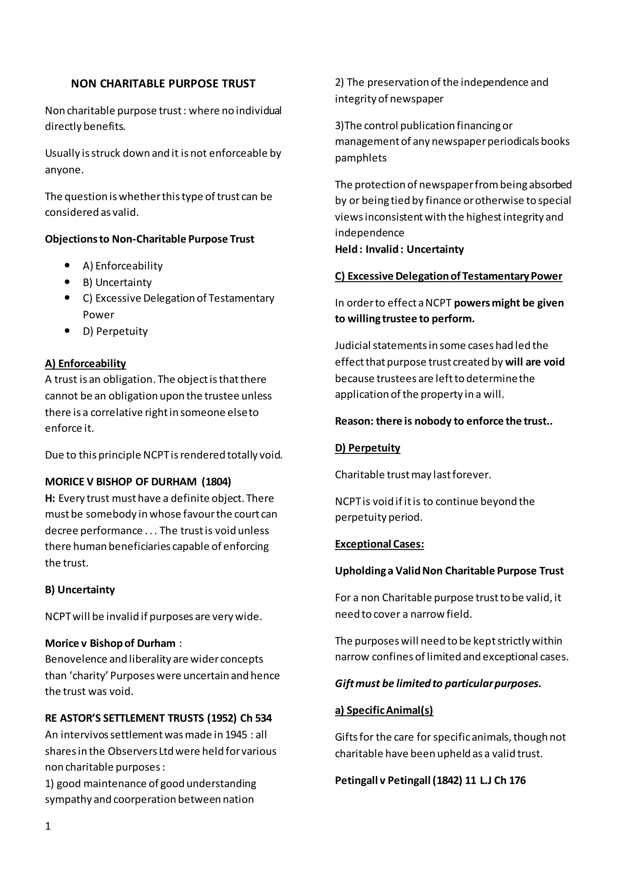 Non-charitable purpose trust (short notes) | DOCX