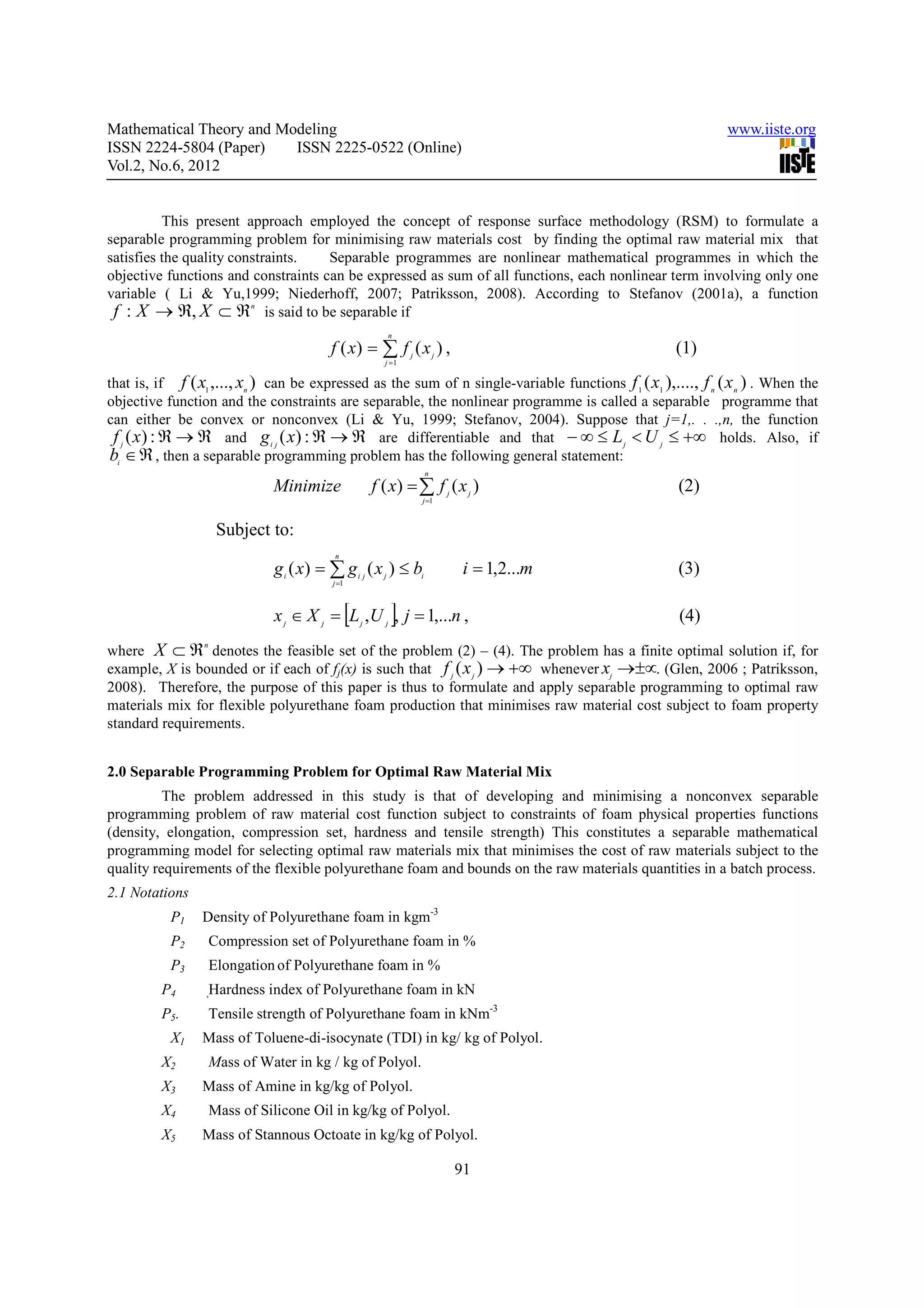 Nonconvex Separable Programming Problem For Optimal Raw Material Mix In Flexible Polyurethane