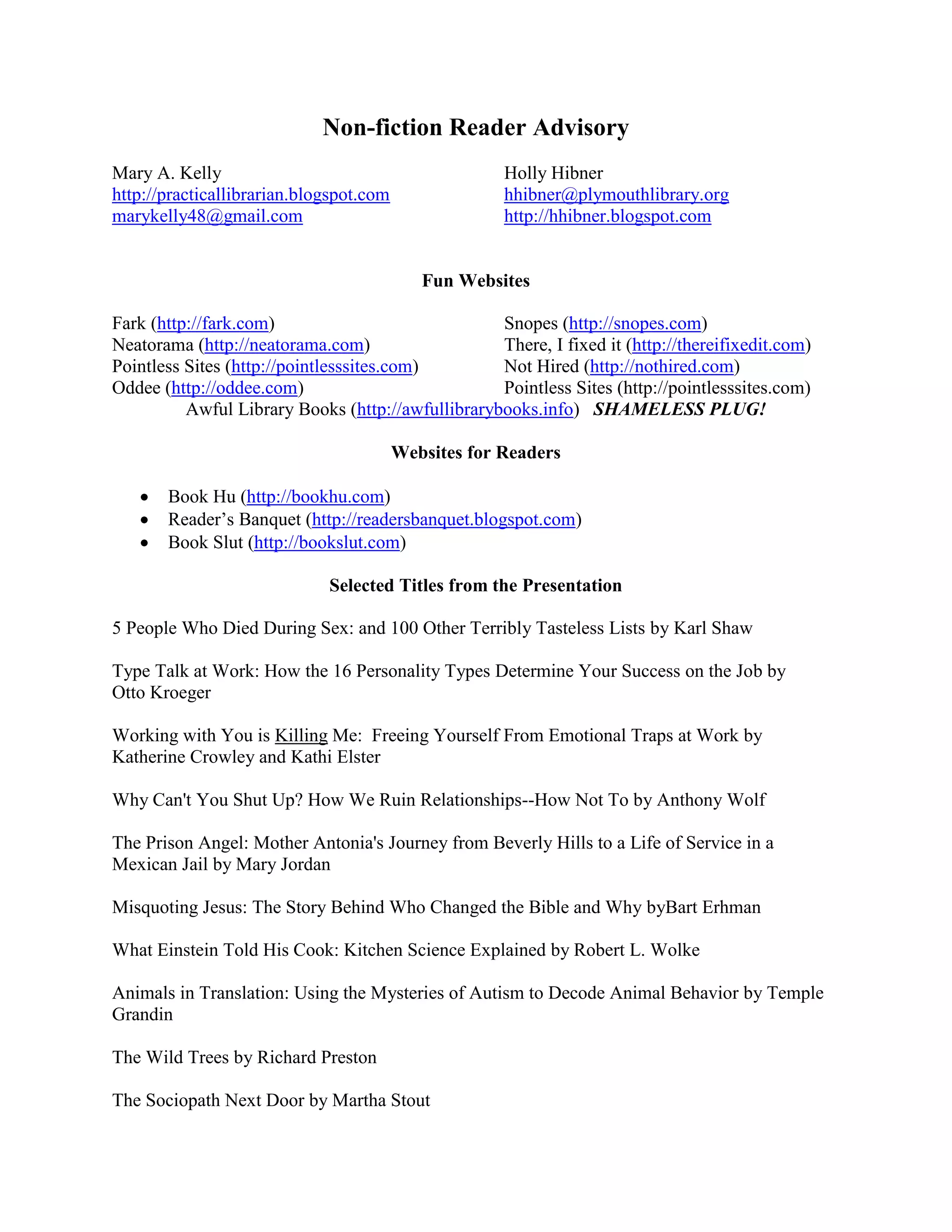 Non Fiction Reader Advisory Information | PDF