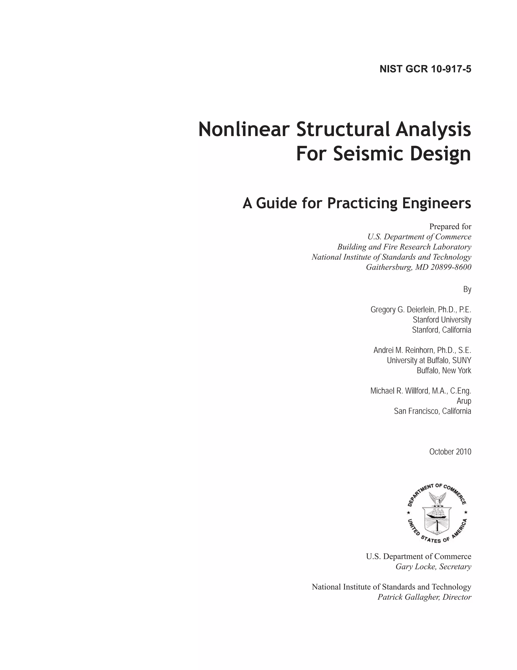 NONLINEAR STRUCTURAL ANALYSIS FOR SEISMIC DESIGN (ALL COPYRIGHT BY NIST - US DEPT OF COMMERCE) | PDF