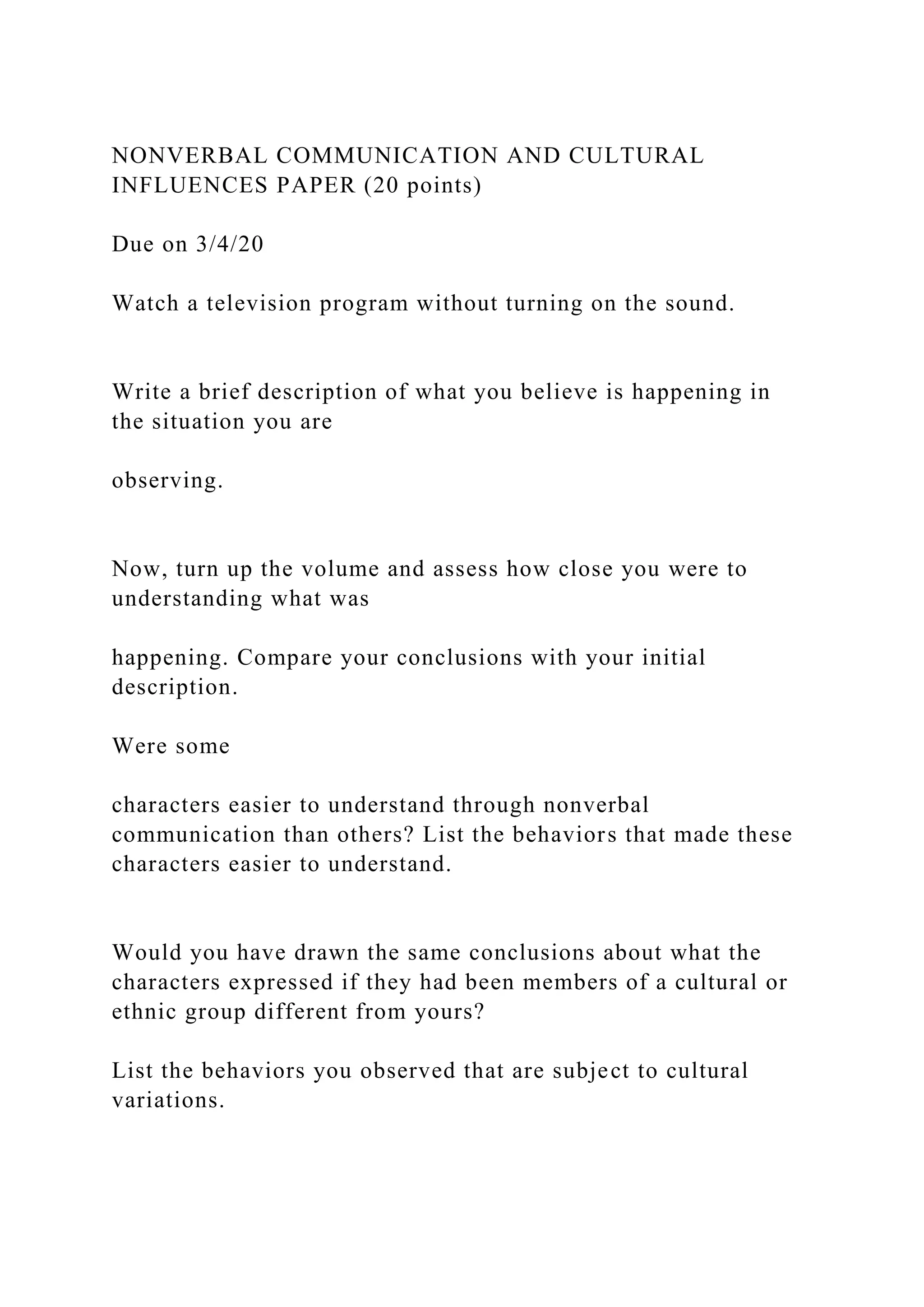 NONVERBAL COMMUNICATION AND CULTURAL INFLUENCES PAPER (20 points).docx