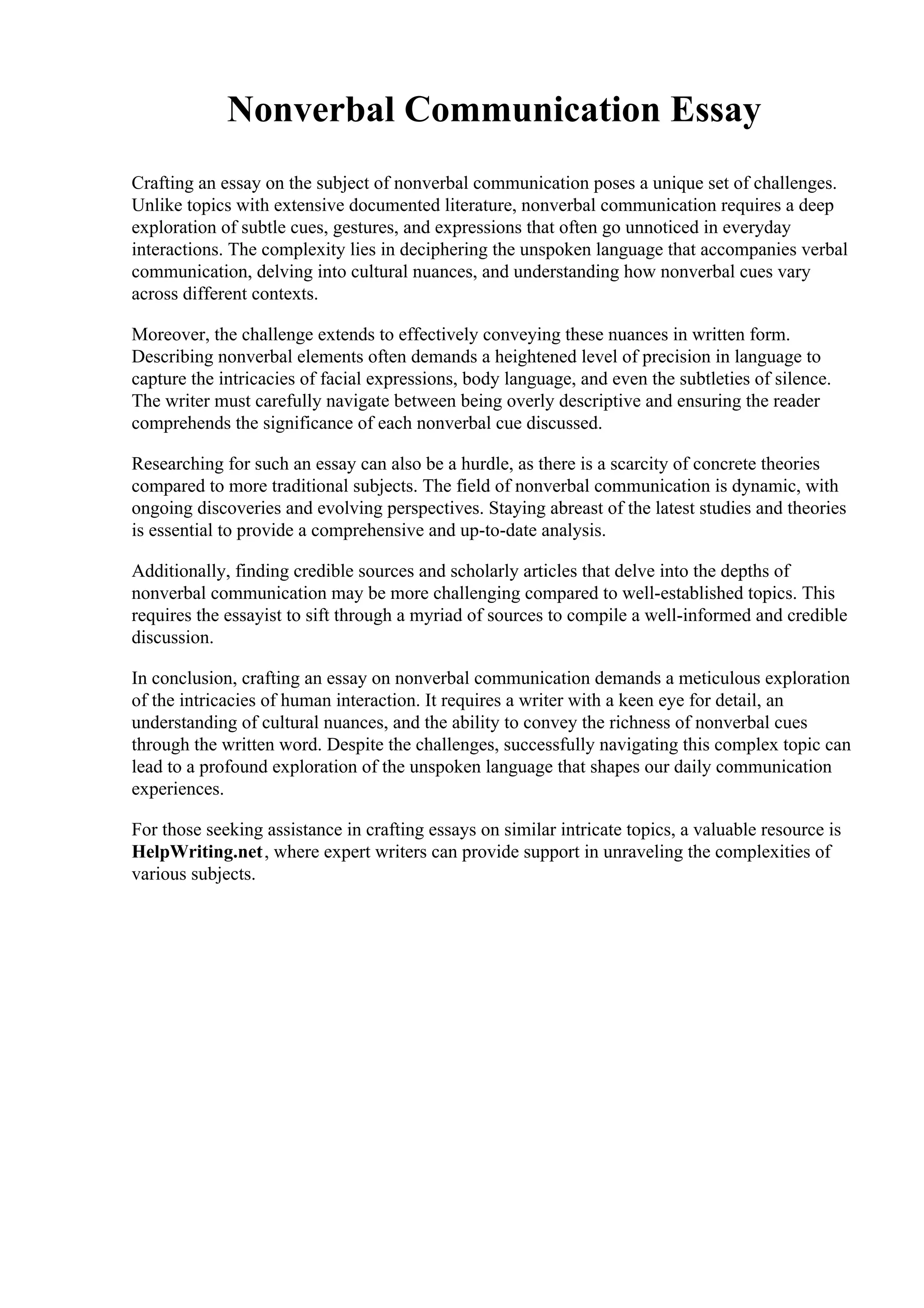 Nonverbal Communication Essay. Central Baptist College | PDF