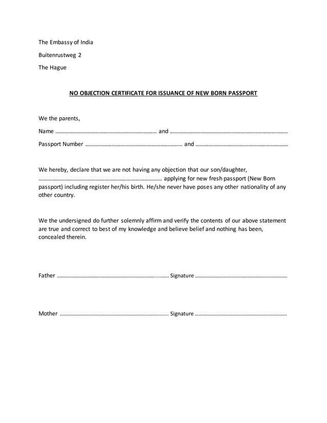 No objection certificate (NOC) for issuance of newborn passport - India NRI Netherlands | DOCX