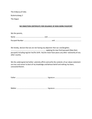 No Objection Certificate Template