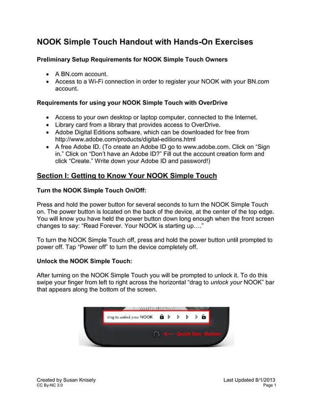 Nook Simple Touch Handout with Hands-On Exercises | DOCX