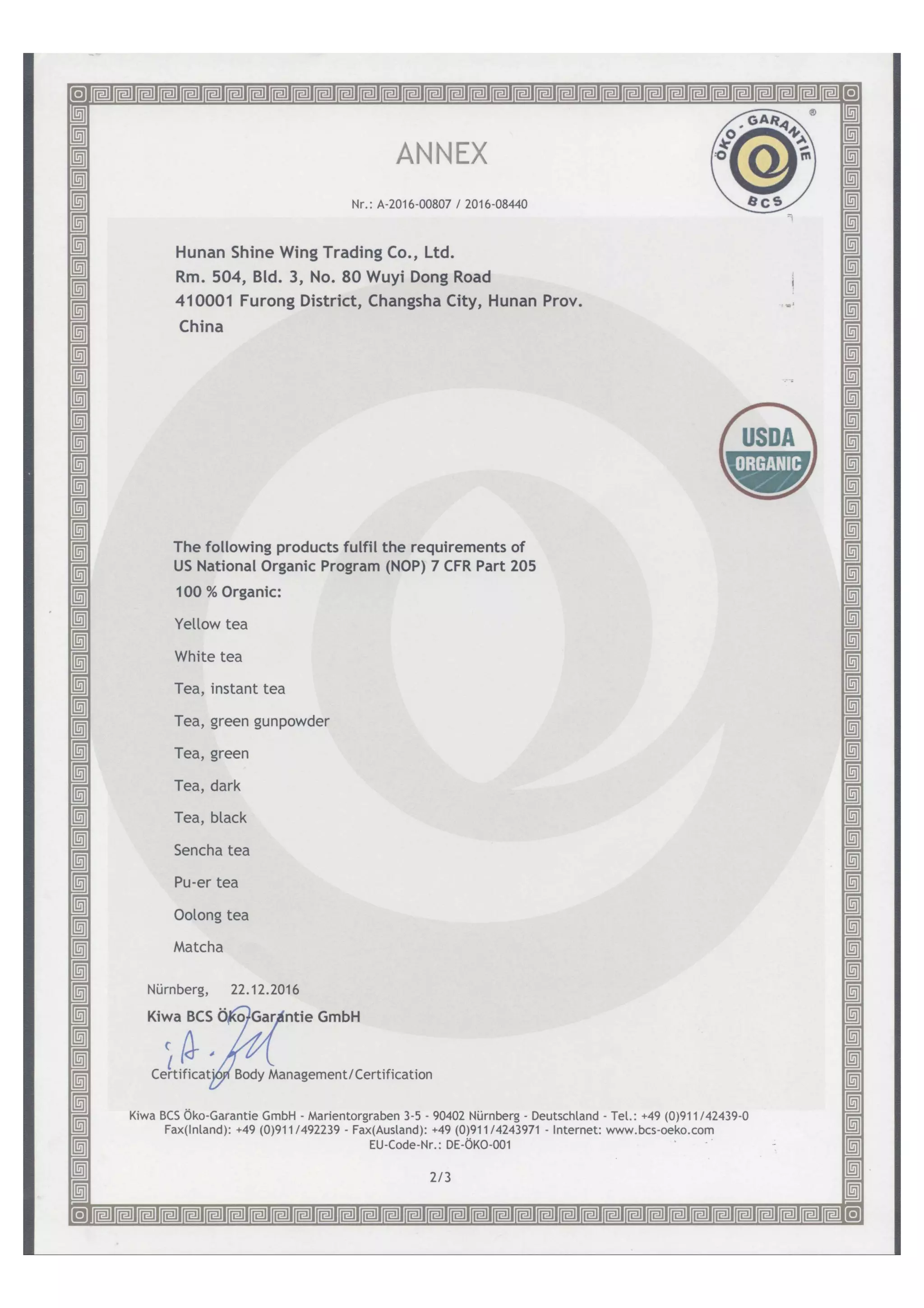 NOP organic certificate -HUNAN SHINE WING | PDF