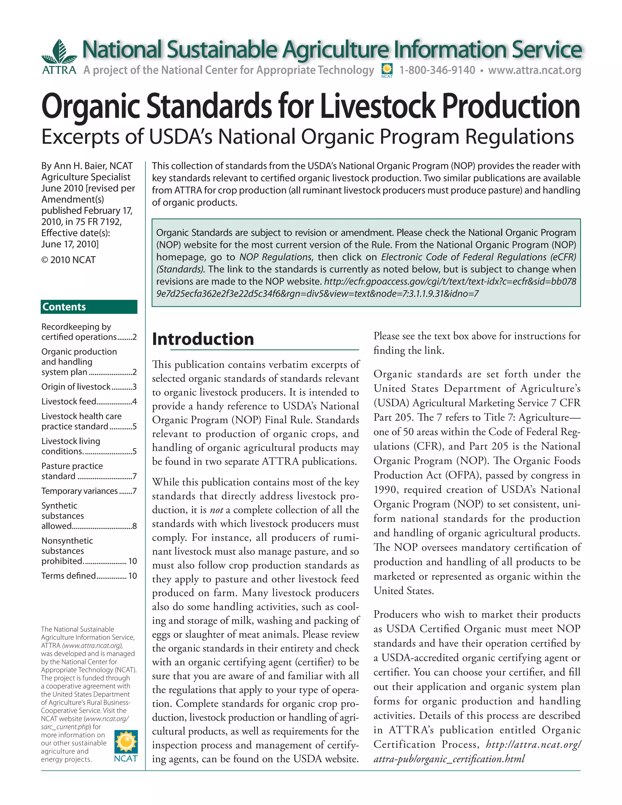Organic Standards for Livestock Production: Excerpts of USDA's National ...
