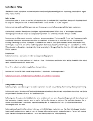Norfolk Public Library MakerSpace Policy | PDF