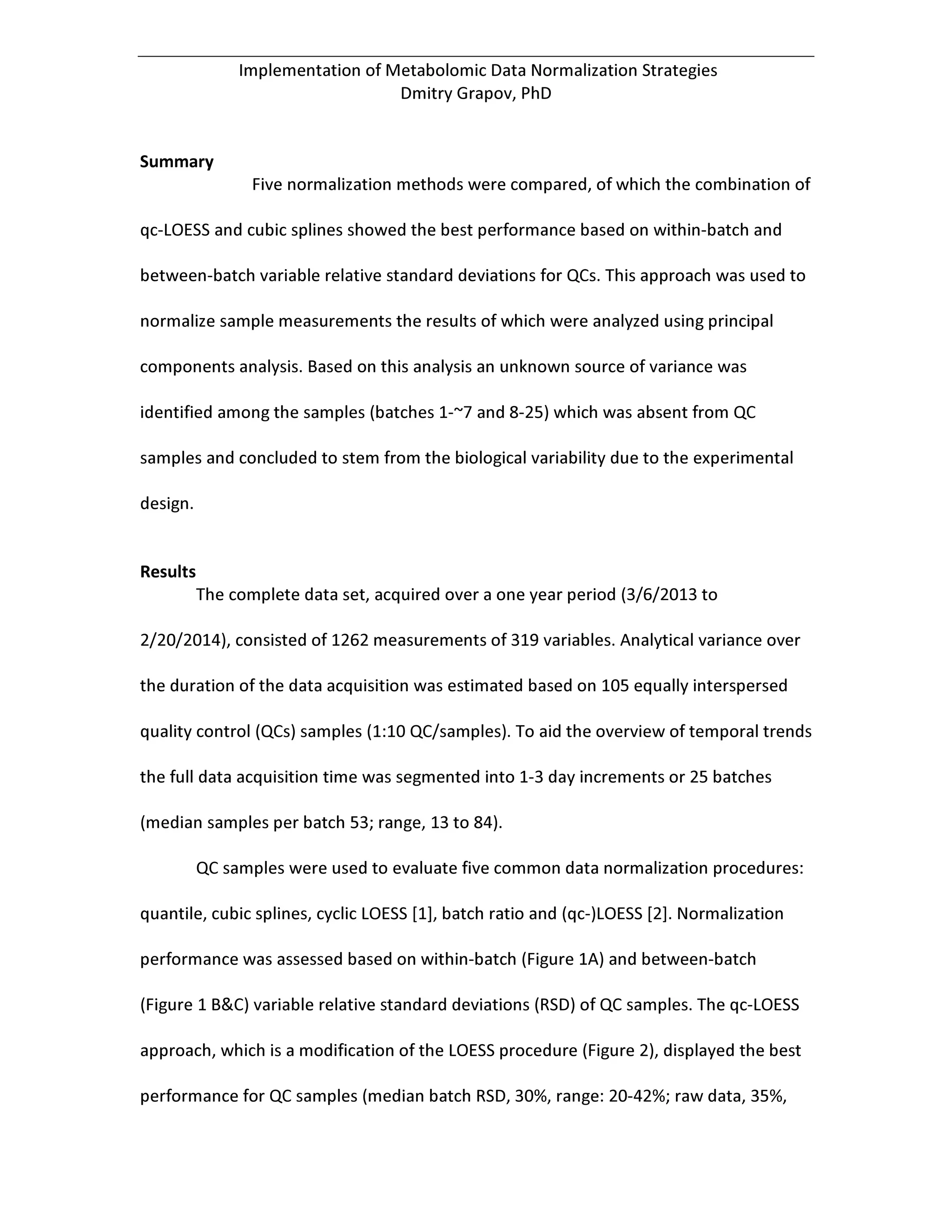 Case Study: Overview of Metabolomic Data Normalization Strategies | PDF
