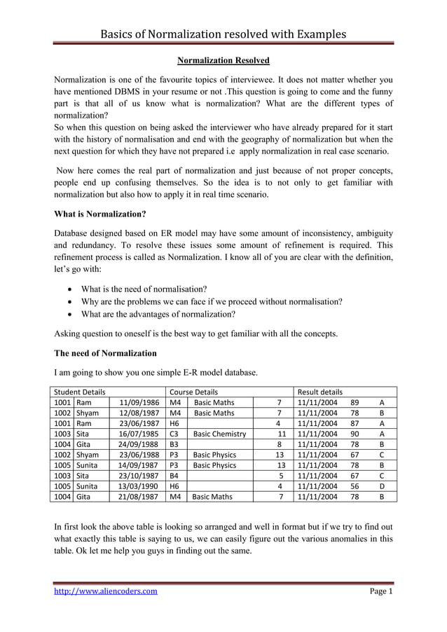 Basics Of Normalization With Examples Pdf