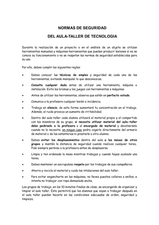 Normas de seguridad aulta taller | PDF