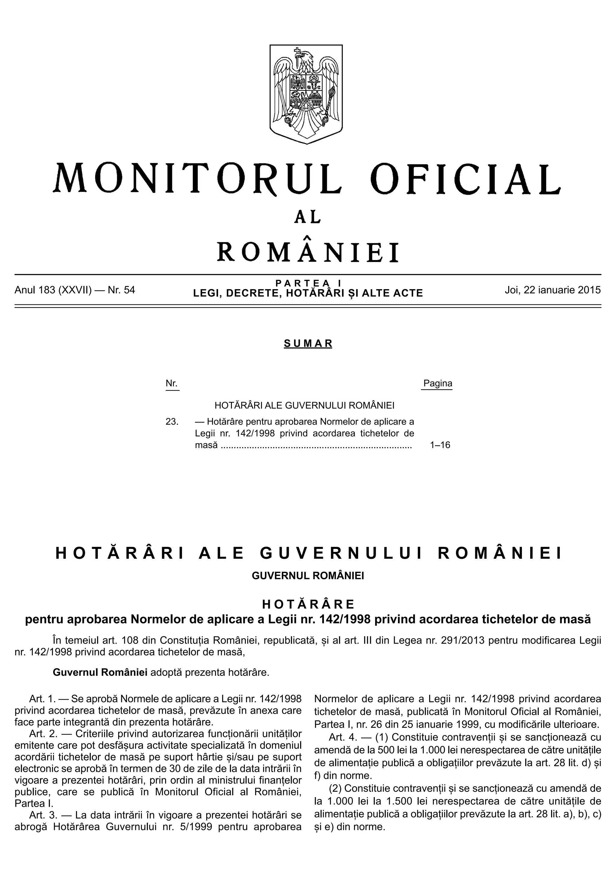 Norme de-aplicare a Legii 142/1998 privind tichetele de masa | PDF