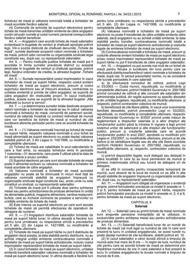 Norme de-aplicare a Legii 142/1998 privind tichetele de masa | PDF