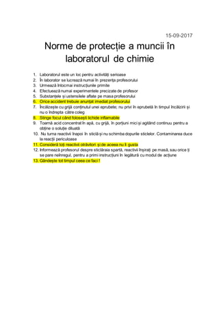 Norme de protectie a muncii in laboratorul de chimie | DOCX