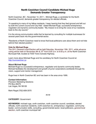 North Cowichan Council Candidate Michael Ruge Demands Greater ...