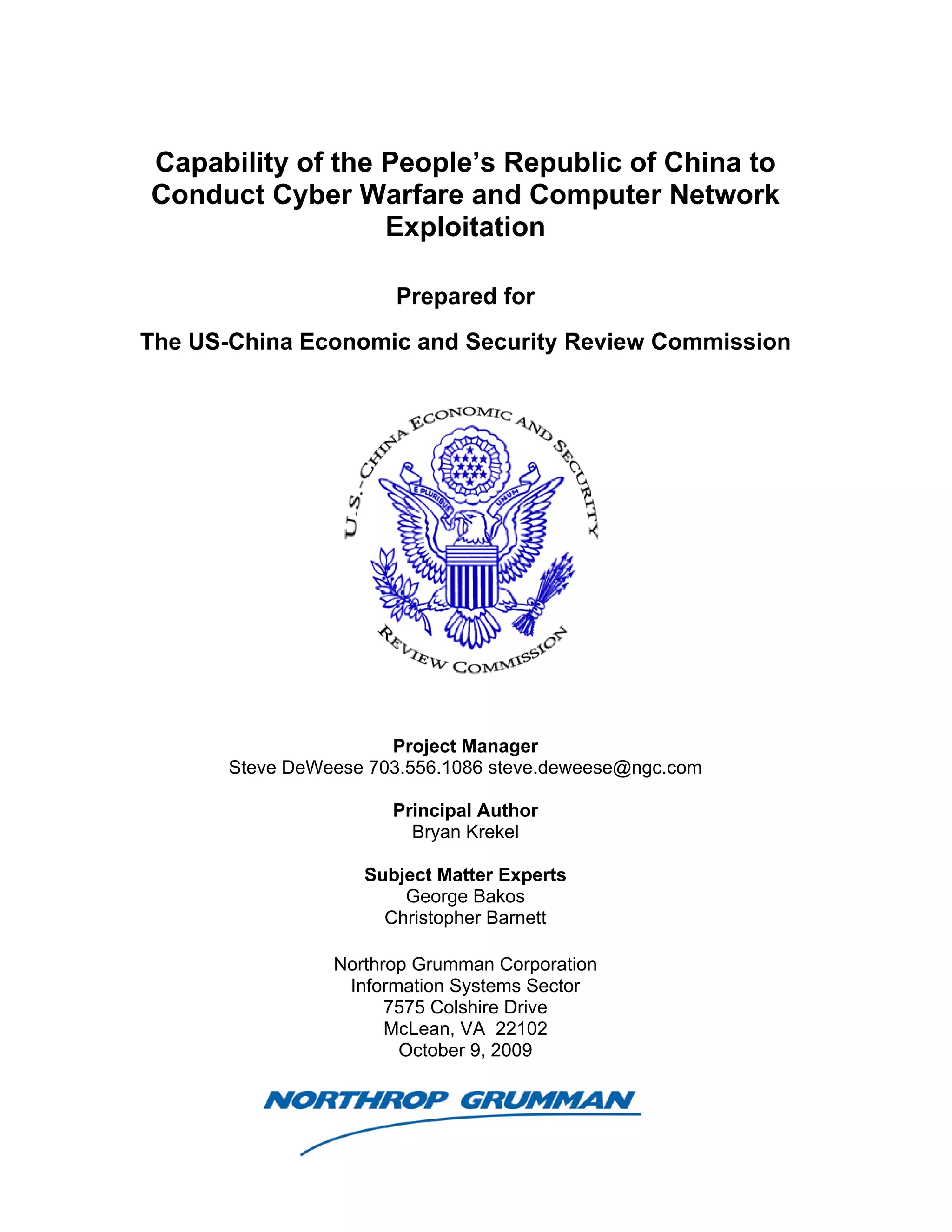 Northrop Grumman Prc Cyber Paper Final Approved Report 16 Oct2009 | PDF