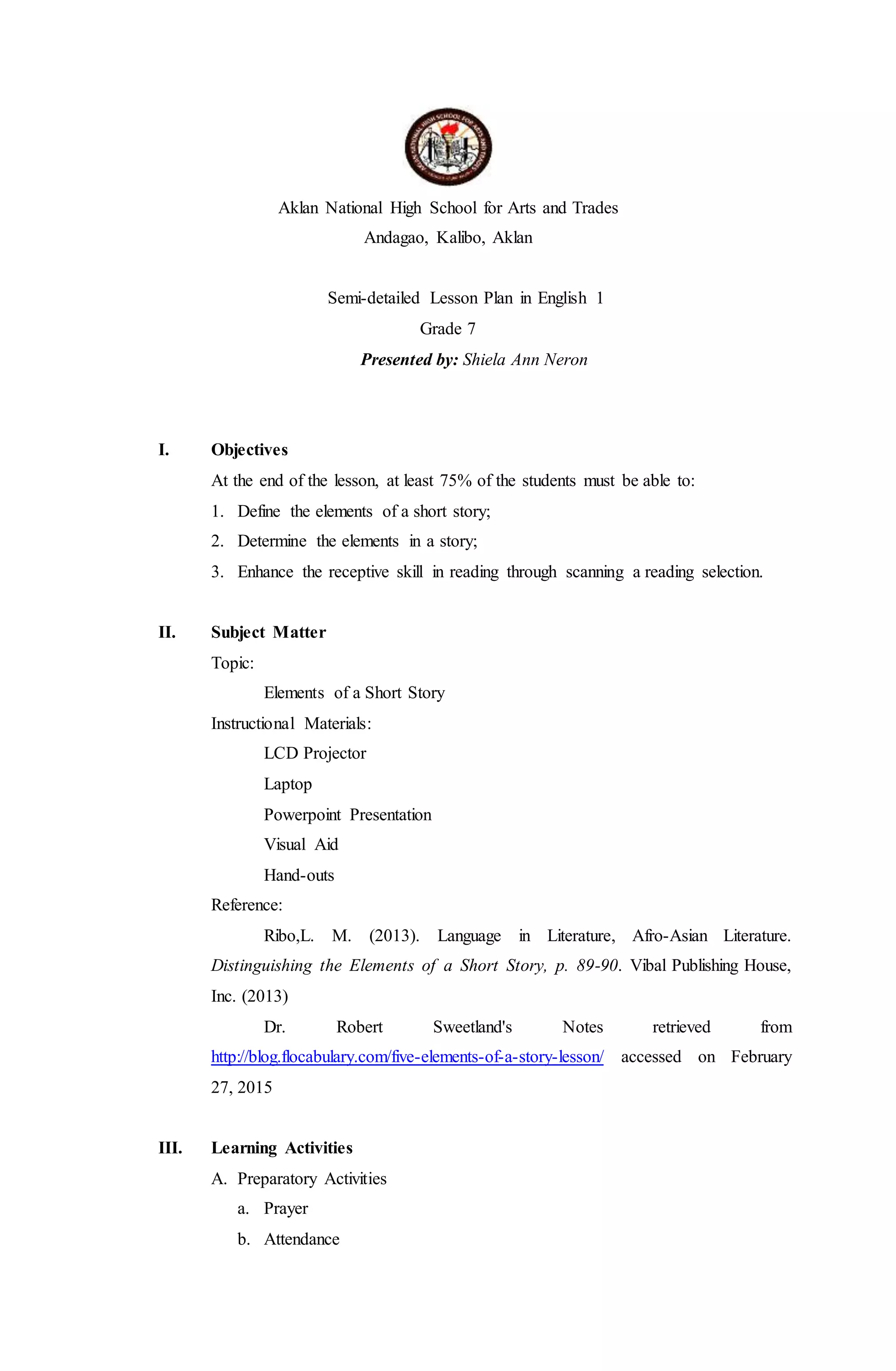 lesson plan in 3 Basic elements of a short story with examples | DOCX