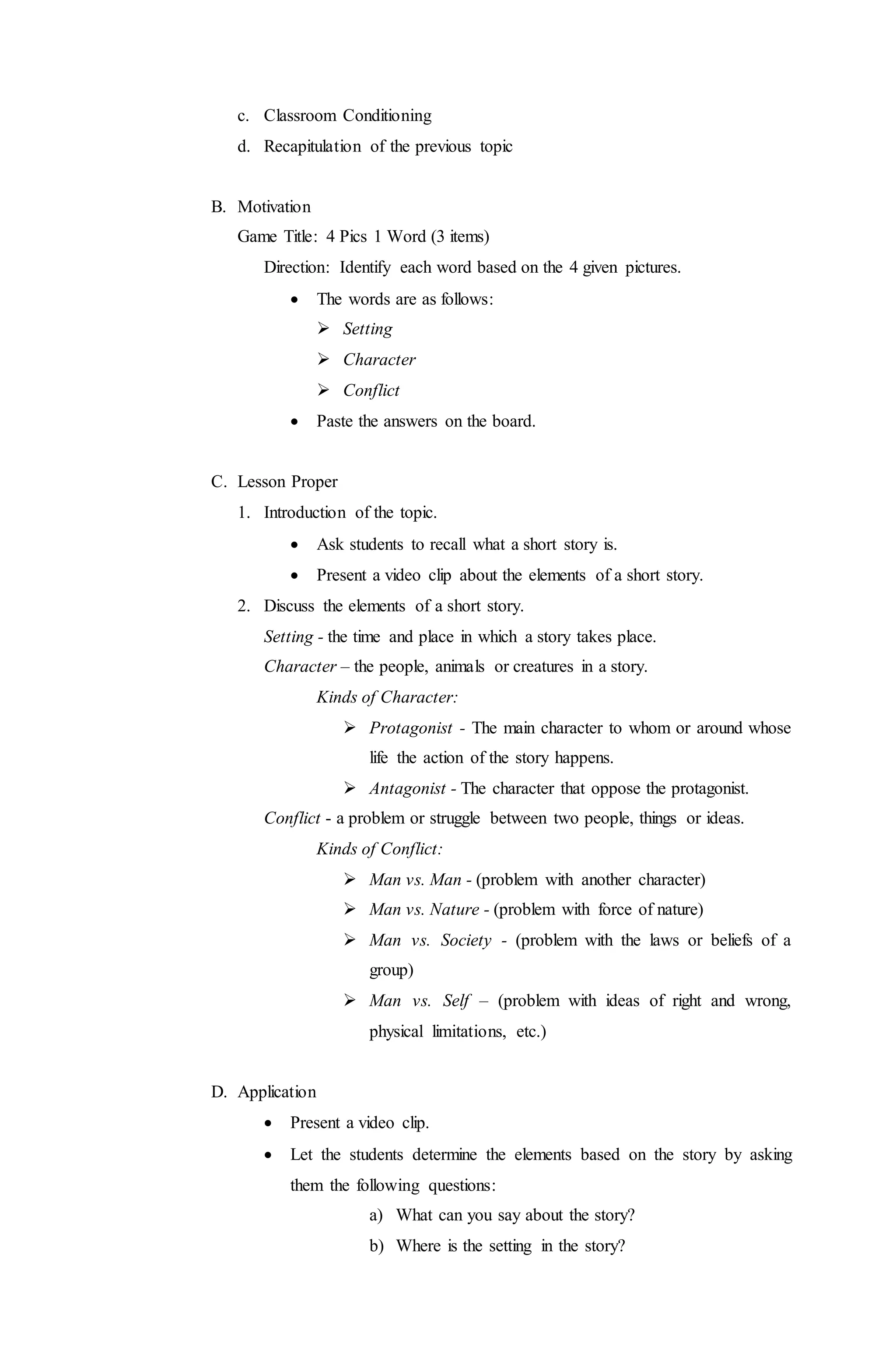 lesson plan in 3 Basic elements of a short story with examples | DOCX