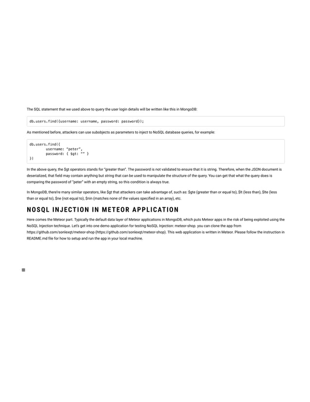 No sql injection in meteor.js application | PDF | Databases | Computer Software and Applications