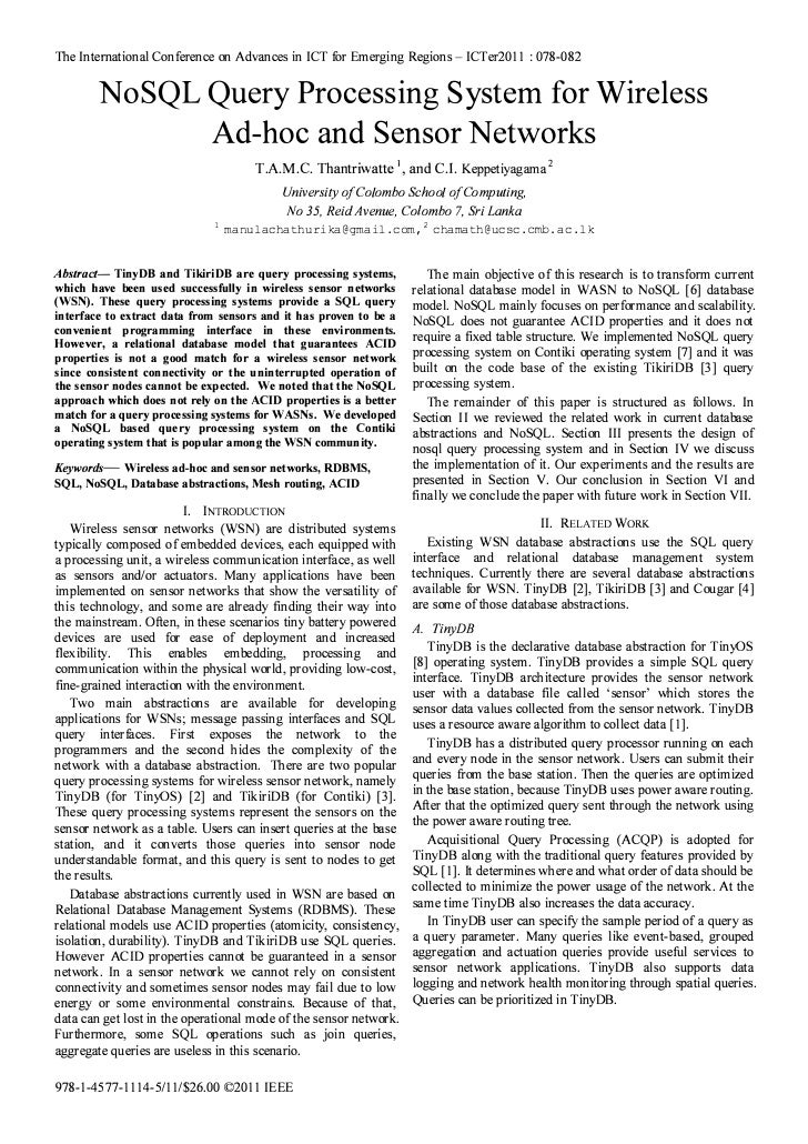 No Sql Query Processing System For Wireless Ad Hoc And Sensor Networks