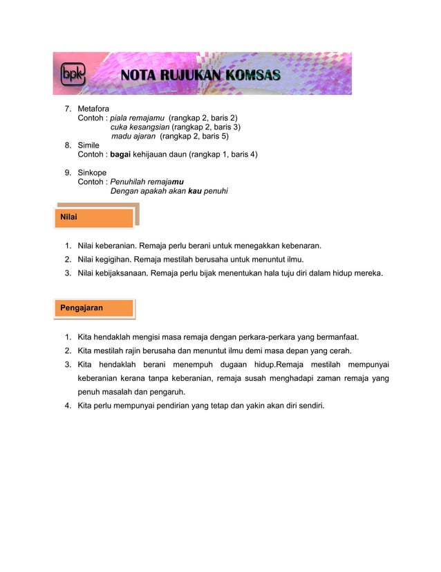 NOTA RUJUKAN - Sajak Harga Remaja | PDF
