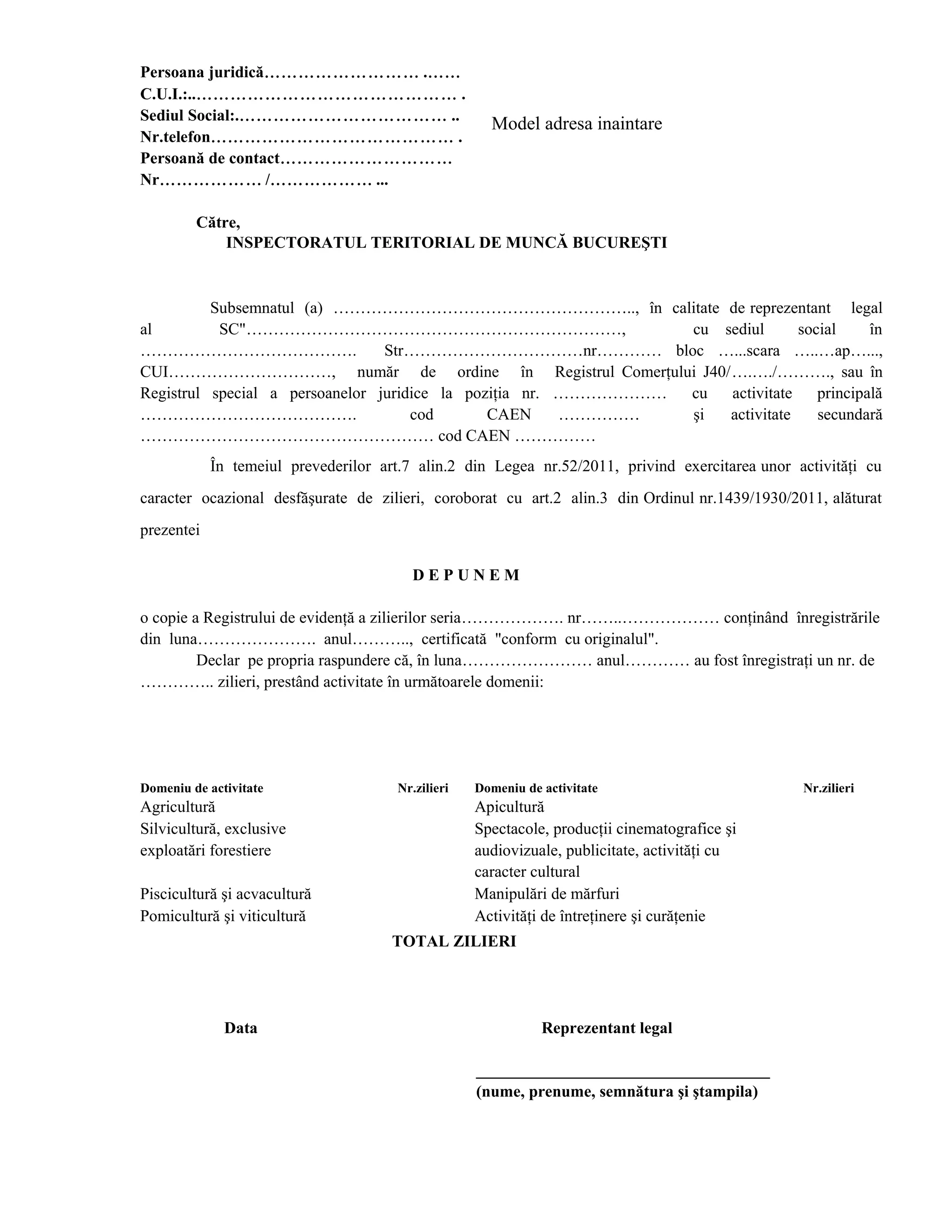 Nota de inaintare zilieri | DOC