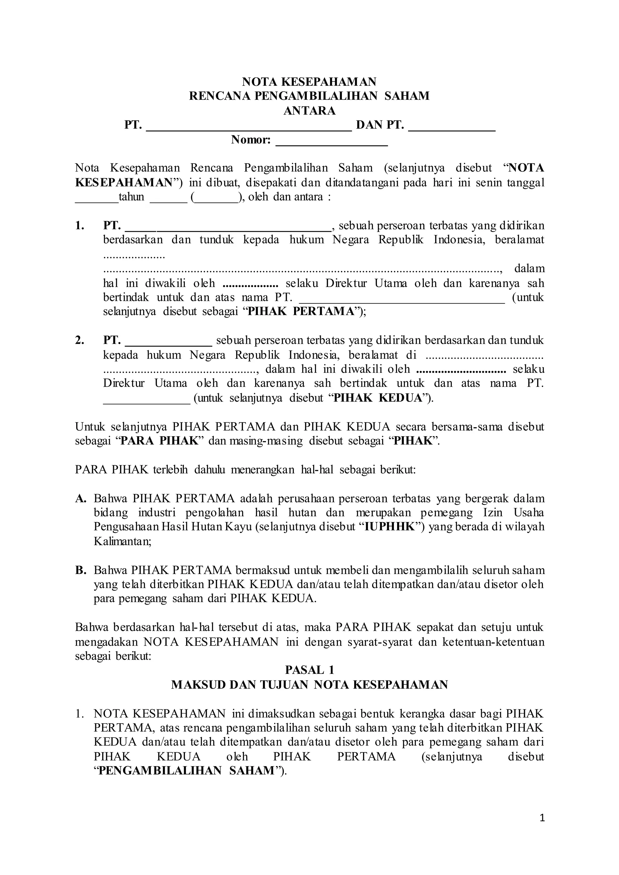 Contoh Nota Kesepahaman Pengambilalihan Saham Clean Terbaru (Beli ...