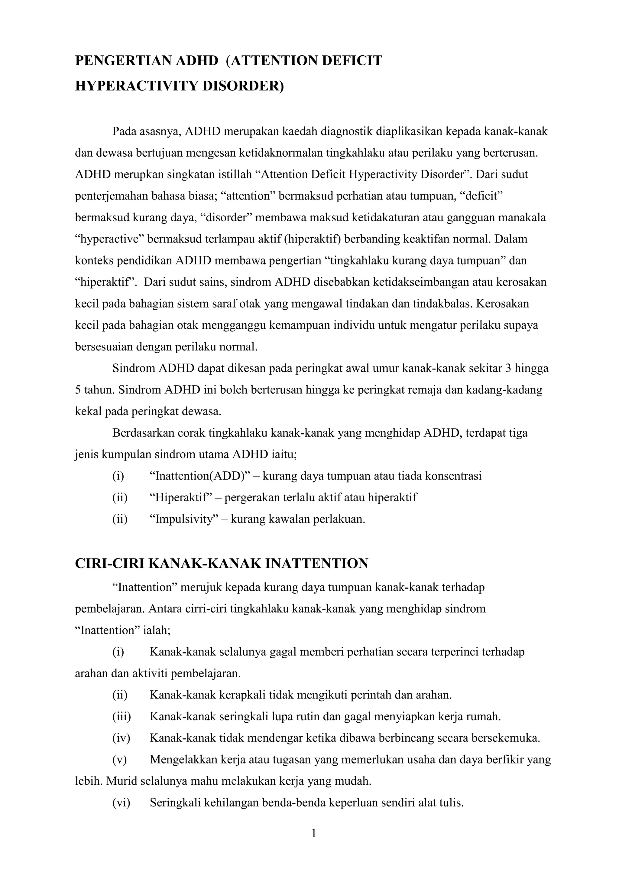 Nota Kuliah - Kanak-kanak ADHD | DOCX