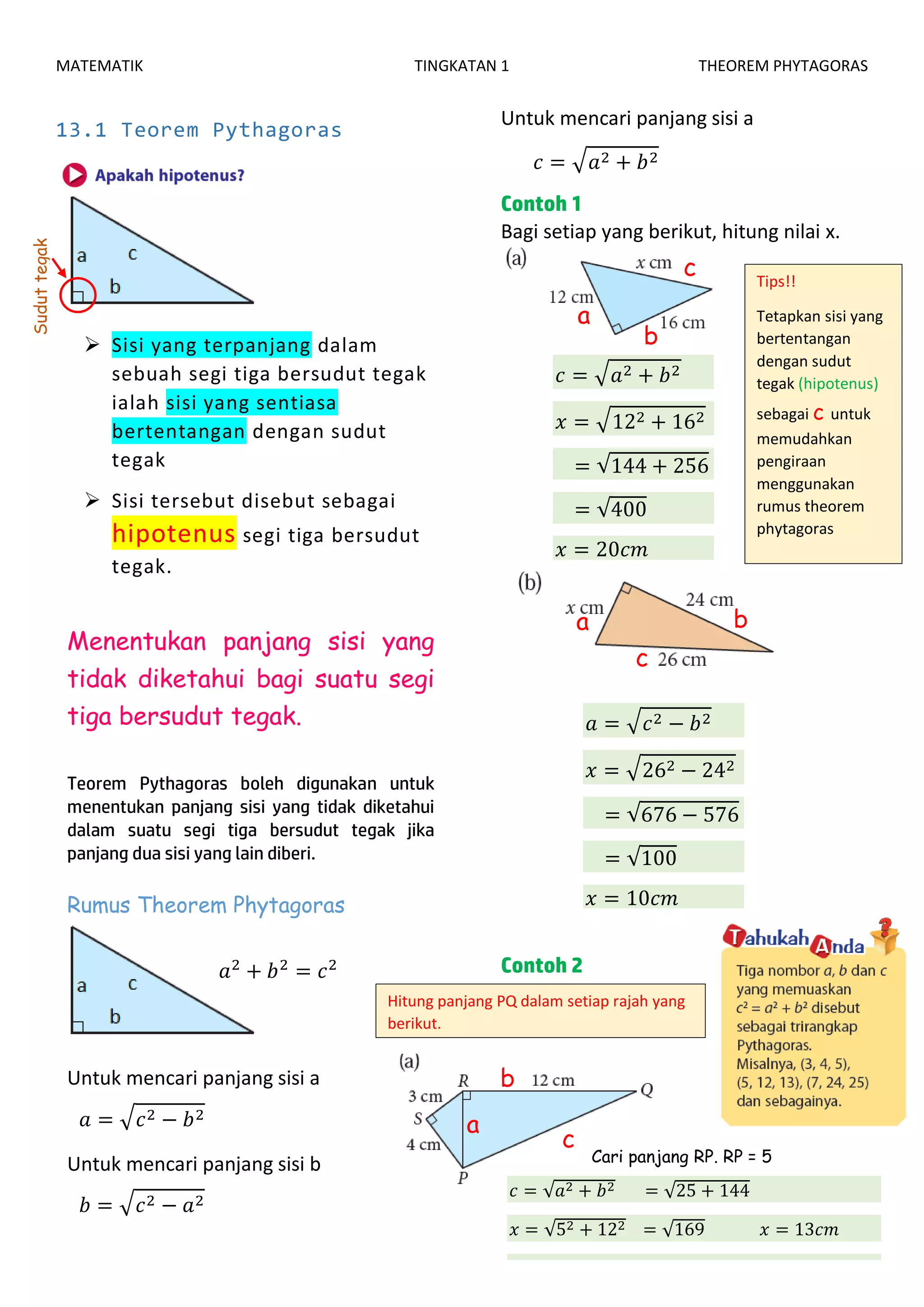 Nota math f1 bab 13 theorem phytagoras | PDF