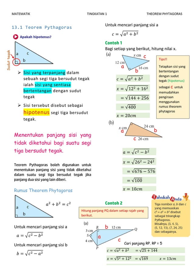 Nota math f1 bab 13 theorem phytagoras | PDF
